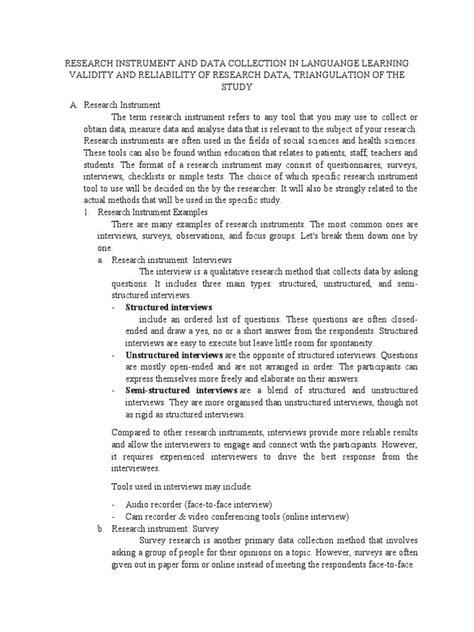 Research Instrument And Data Collection In Languange Learning Validity And Reliability Of
