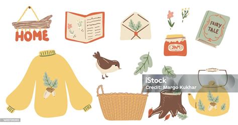 아늑한 집 가을 컬렉션 귀여운 스웨터 떡갈나무 잎 허브 테이프 꽃 찻주전자 잼 항아리 노트북 고리 버들 바구니 나무 그루터기가 있는 미적 코티지코어 벡터 분리된 그림 그리기