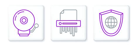 세계 지구본 울리는 알람 벨 및 종이 분쇄기 기밀 아이콘으로 라인 방패를 설정하십시오 벡터 개념에 대한 스톡 벡터 아트 및 기타 이미지 Istock