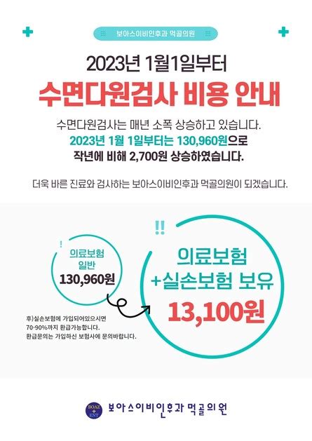 23년 수면다원검사 비용 변동 안내 의료보험 일반 성인기준 130960원 보아스이비인후과먹골의원