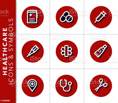 빨간색 배경에 그림자가있는 건강 관리 및 의학과 관련된 아이콘 및 기호 세트 태아용 청진기에 대한 스톡 벡터 아트 및 기타