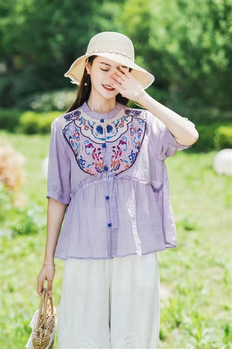 여성용 헤비 인더스트리 자수 모시 셔츠 스탠딩 칼라 플레이트 버튼 가디건 스플릿 슬리브 메쉬 레드 스몰 2023 여름