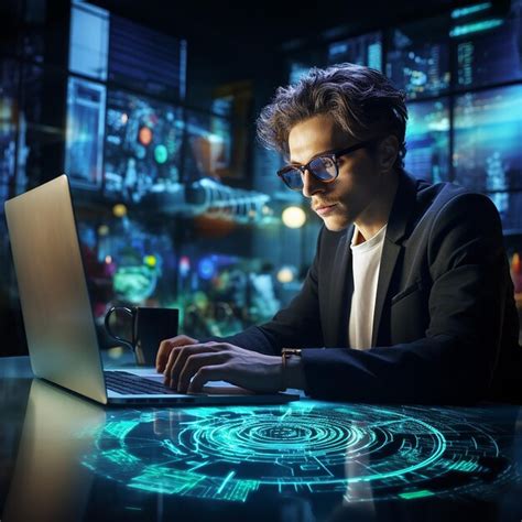 Premium Ai Image Data Scientist Programmer Using Laptop Analyzing Financial Data On Futuristic