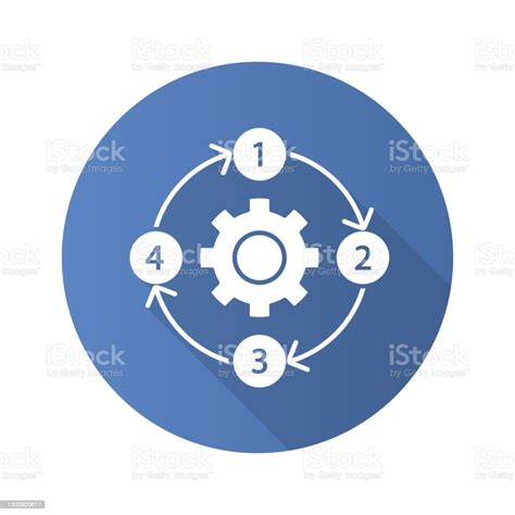 프로세스 다이어그램 평면 디자인 긴 그림자 문말 아이콘 Pfd 플로우시트 연속 프로세스 맵 배포 순서도입니다 단계별 계획 구현 원을 그리며 이동합니다 벡터 실루엣