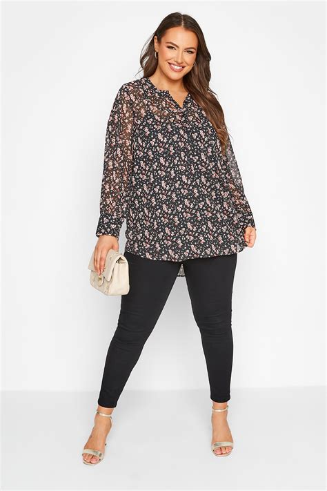 Plus Size Black Ditsy Print Balloon Sleeve Shirt Yours Clothing