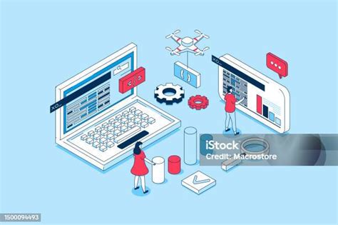 3d 아이소메트릭 설계의 Devops 개념입니다 프로그래밍 제품에 대한 컴퓨터 통신 및 협업 민첩한 프로세스로 작업하는 사람들