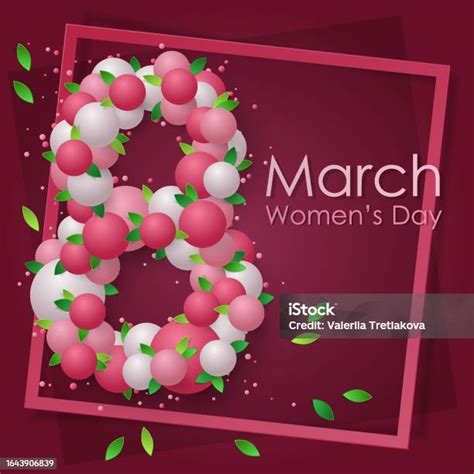 프레임과 흰색 빨간색 분홍색 공 풍선 색종이 먼지 및 녹색 잎 모양이 있는 포스터는 글자가 있는 3월 8일 서명입니다 인사말 카드 템플릿입니다 벡터 그림입니다 배너 휴일