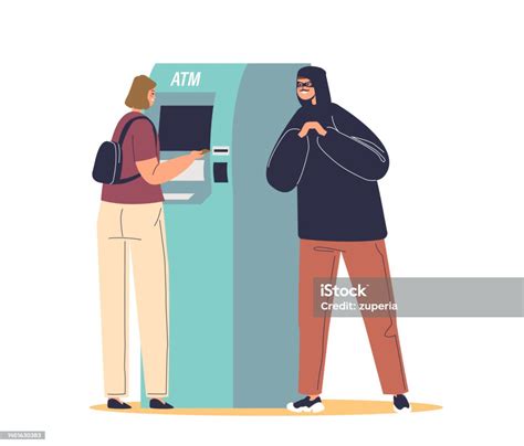 사이버 범죄자가 개인 데이터를 훔치고 Atm에서 신용 카드 암호를 훔칩니다 해커 해킹 은행 시스템 현금 자동 입출금기에 대한 스톡 벡터 아트 및 기타 이미지 Istock