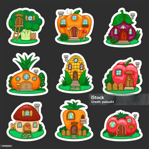 동화 속 야채 집 스티커 책갈피 문과 창문이 있는 음식 환상의 집 손으로 그린 스타일입니다 벡터 그리기 디자인 요소 모음 0명에 대한 스톡 벡터 아트 및 기타 이미지