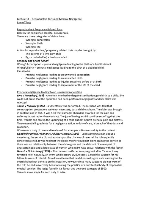 Lecture Reproductive Torts Lecture Reproductive Torts And Medical Negligence Law Of