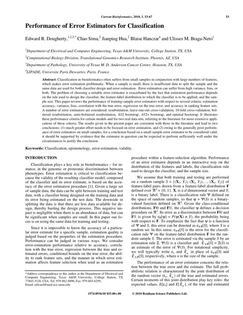 Pdf Performance Of Error Estimators For Classification