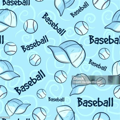 야구 컨셉과 요소와 파란색 원활한 패턴 장비 공 흰색 모자와 텍스트반복 배경 반복 소프트볼 아트워크와 스포츠 텍스처 배경 주제에