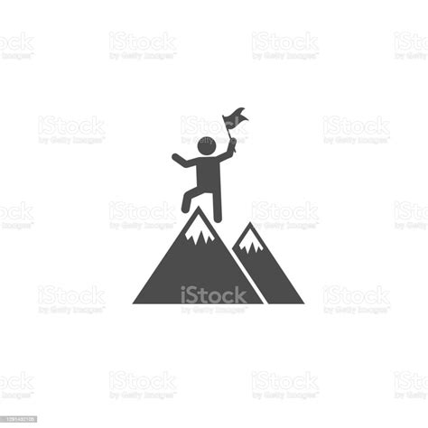 깃발과 성공의 비즈니스 컨셉 아이콘 디자인 벡터 일러스트레이션을 들고 산 꼭대기에 서 있는 사업가 0명에 대한 스톡 벡터 아트