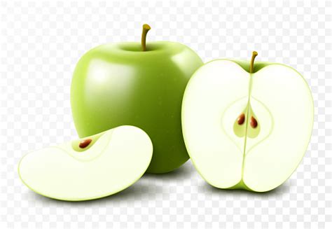 녹색 잘 익은 육즙이 많은 사과 통하고 있는 투명한 배경에 고립되어 있습니다 사과 한 개와 맛있는 사과 한 조각 사실적인 3d 벡터 일러스트 레이 션 밝은 과일 구성 여름