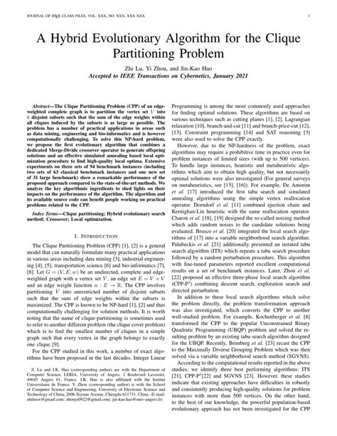 Pdf A Hybrid Evolutionary Algorithm For The Clique Partitioning Problem