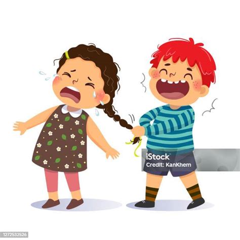 어린 소녀의 피그테일을 당기는 장난 꾸러기 소년의 벡터 일러스트 만화 학교 개념에 왕따 만화에 대한 스톡 벡터 아트 및 기타 이미지 만화 털 잡아 당기기 Istock