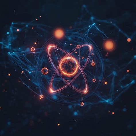 Abstract Atom With Glowing Blue Energy Lines And Orange Particles In Dark Space Premium Ai