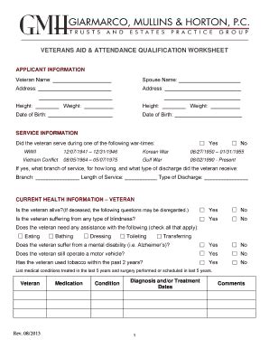 Fillable Online Veterans Aid Attendance Qualification Worksheet Giarmarco Fax Email