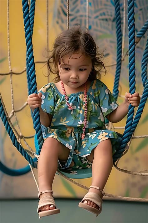 儿童ai数字艺术 儿童简约风儿童微笑坐在秋千上抓住绳子蓝色连衣裙人像照片 Ai人像免费下载 Png格式 2688像素 编号71665124 千图网