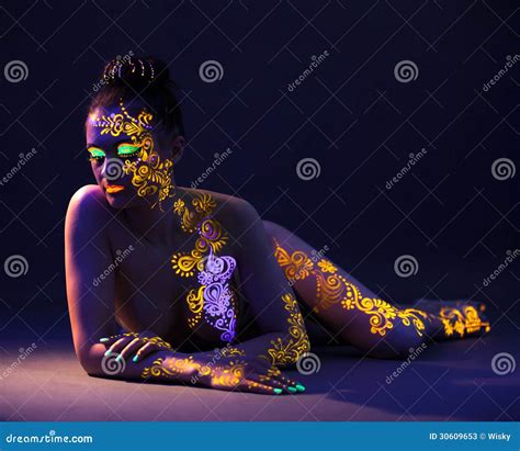 Attractive Naked Girl With UV Makeup In Studio Stock Image Image Of Artistic Nude