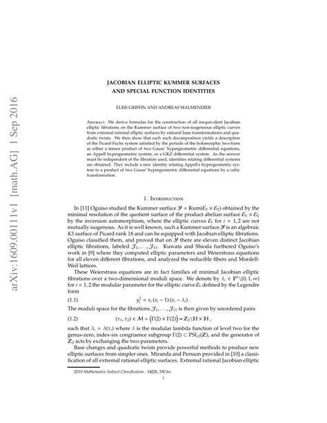 Pdf Jacobian Elliptic Kummer Surfaces And Special Function Identities