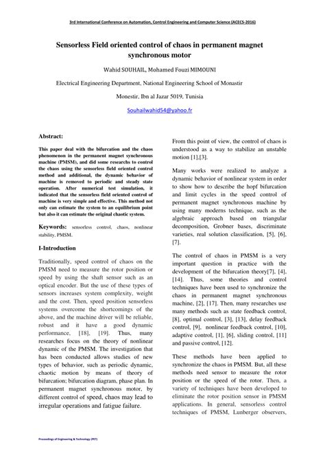 Pdf Sensorless Field Oriented Control Of Chaos In Permanent Magnet