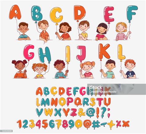 문자와 숫자 풍선 재미 아이 벡터 귀여운 소년과 소녀 컬렉션입니다 행복한 아이들의 다민족 그룹 다른 만화는 아이콘을 직면 풍선