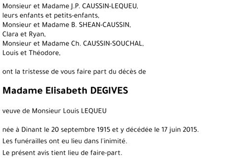 Avis De Décès De Elisabeth Degives Décédé Le 17062015 à Dinant