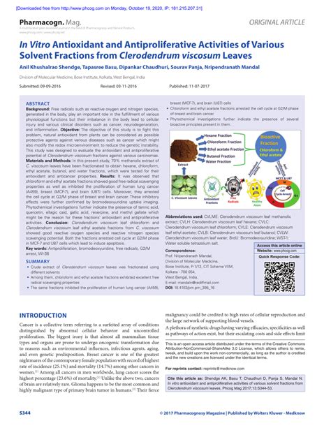 Pdf In Vitro Antioxidant And Antiproliferative Activities Of Various Solvent Fractions From