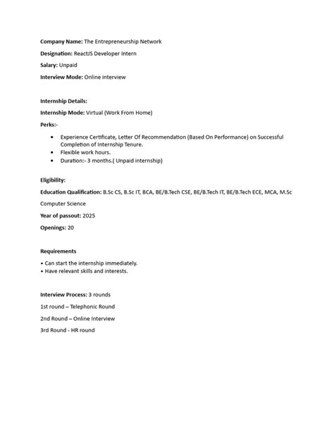 Jd The Entrepreneurship Network Reactjs Developer Intern Remote Location 1 Pdf