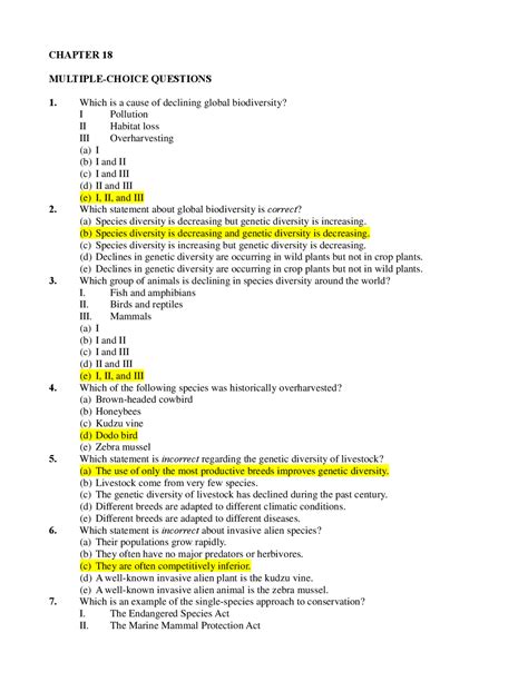 Chapter 18 Multiple Choice Questions Exams Environmental Science Docsity