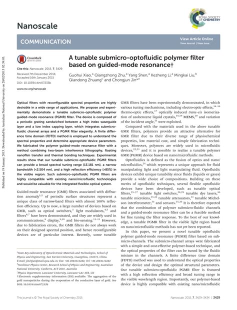 Pdf A Tunable Submicro Optofluidic Polymer Filter Based On Guided