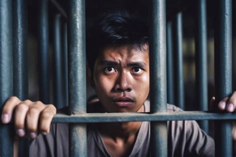 Premium Ai Image An Asian Prisoner In A Cell Behind Bars Young Man In
