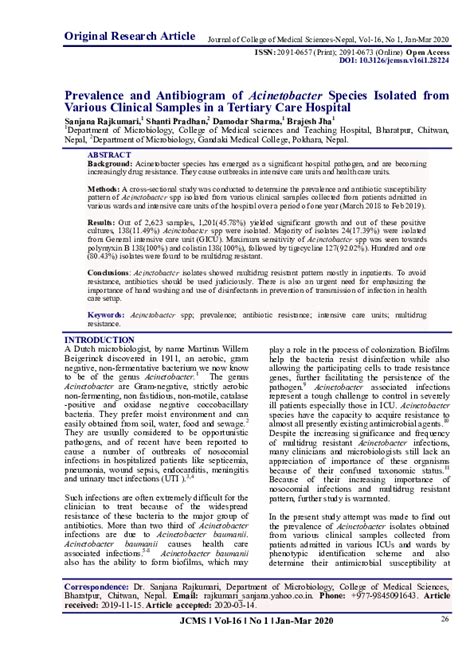 Pdf Prevalence And Antibiogram Of Acinetobacter Species Isolated From Various Clinical Samples