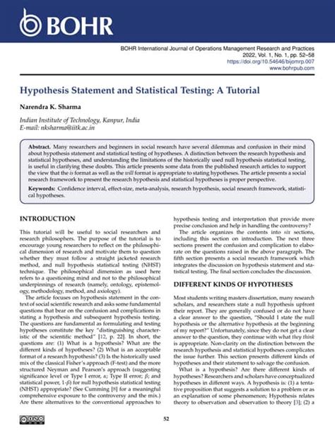 Hypothesis Statement And Statistical Testing A Tutorial Pdf