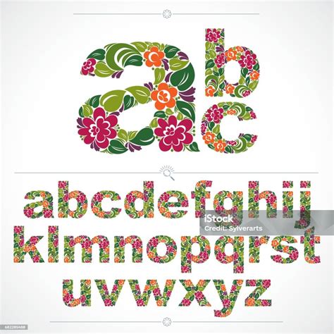 생태 꽃 글꼴 스타일 벡터 활자 사용 하 여 만든 자연 장식 다채로운 알파벳 소문자 봄 잎과 꽃 디자인으로 만든 고풍스런에 대한 스톡 벡터 아트 및 기타 이미지 Istock