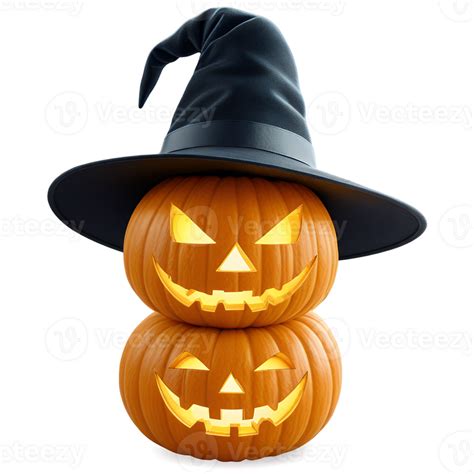Spooky Stacked Jack O Lanterns With Witch Hat For Halloween Decoration