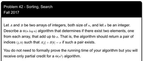 Solved Problem 42 Sorting Search Fall2017 Let A And B Be Two Arrays Of Integers Both Size