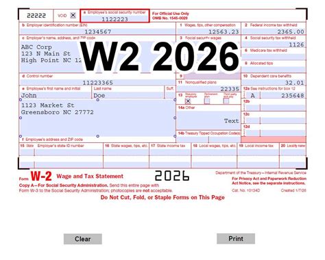 Fillable W2 Form 2026 Printable Irs Template Digital Download Etsy