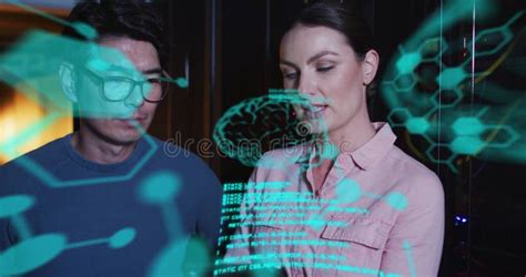 Image Of Data Processing With Brains Over Diverse Colleagues Using Tablet In Server Room Stock