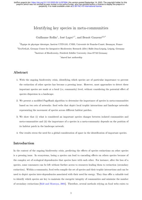 Pdf Identifying Key Species In Meta Communities