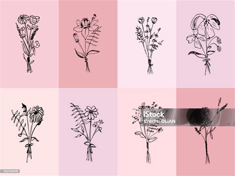 식물 그림 최소한의 식물 로고 초원 녹지 나뭇잎과 꽃 추상 스케치 컬렉션 선형 소박한 가지 벡터 손으로 그린 청첩장 꽃다발 장식 세트 0명에 대한 스톡 벡터 아트 및 기타