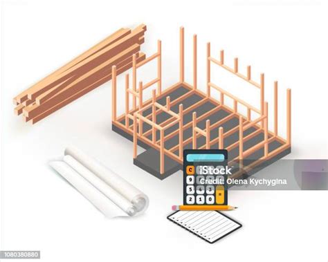 목재 프레임 집 기본 건축 디자인입니다 건축 프로젝트 건물 계획 및 종이에 계산 롤 아이소메트릭 개념입니다 나무 프레임 공사입니다 고립 된 개체입니다 벡터 이미지 0명에