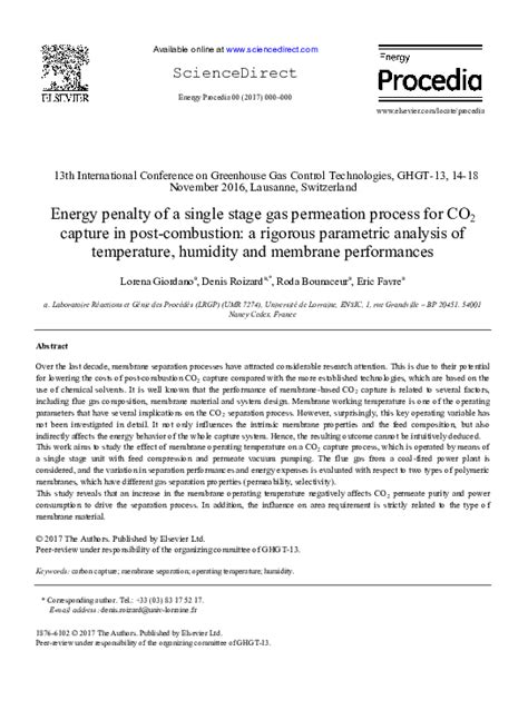 Pdf Energy Penalty Of A Single Stage Gas Permeation Process For Co2 Capture In Post Combustion
