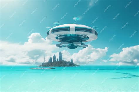 Premium Ai Image City In The Sky Aipowered Flying Cities And Spaceships Over The Azure Sea