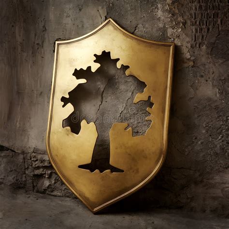 Golden Heraldic Shield With Tree Silhouette Against Stone Wall Stock