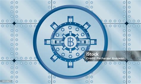 블루 월 배경에 금속 은행 금고 문볼트 도어 플랫 스타일 비즈니스 개념 돈을 절약하고 금융 비트 코인 또는 충돌 암호 화폐 블록 체인 개념을 벡터 일러스트레이션 0명에 대한