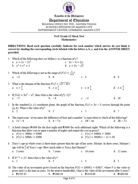 Mathematics Nat Questionnaire Pdf Trigonometric Functions Median