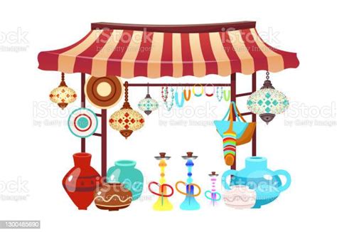 수제 기념품 만화 벡터 일러스트와 동부 시장 텐트 후카 수제 액세서리 플랫 오브젝트가 있는 오리엔탈 바자 차양 아프리카 터키 시장 포장 마차 흰색에 고립 기념품에 대한 스톡