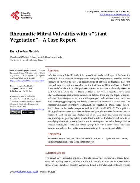Pdf Rheumatic Mitral Valvulitis With A “giant Vegetation”—a Case Report